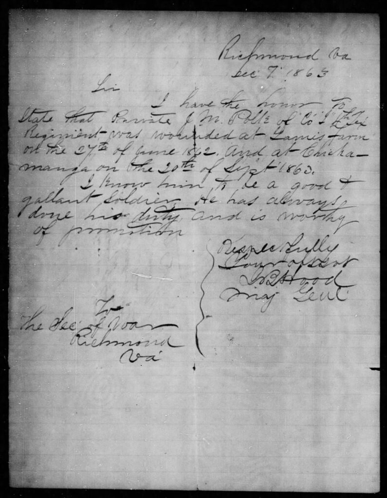 Major General Hood to Secretary of War Seddon (7 Dec 1863) – behind AotW